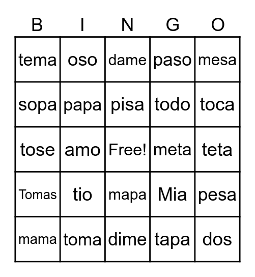 Bingo en Español Bingo Card
