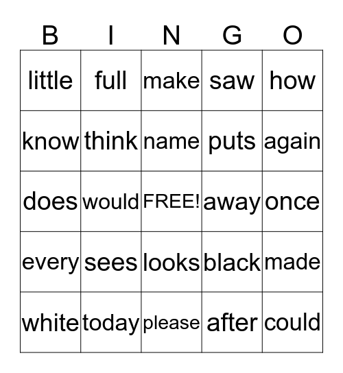 Rainbow Words Bingo Card