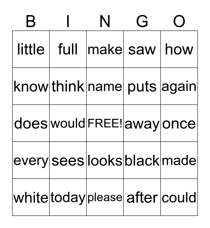Rainbow Words Bingo Card