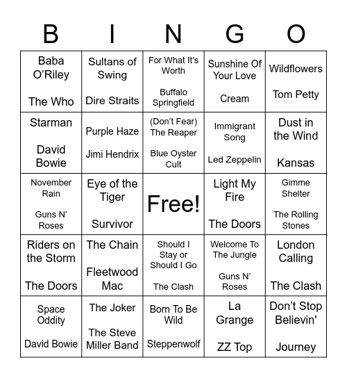 Classic Rock! Bingo Card