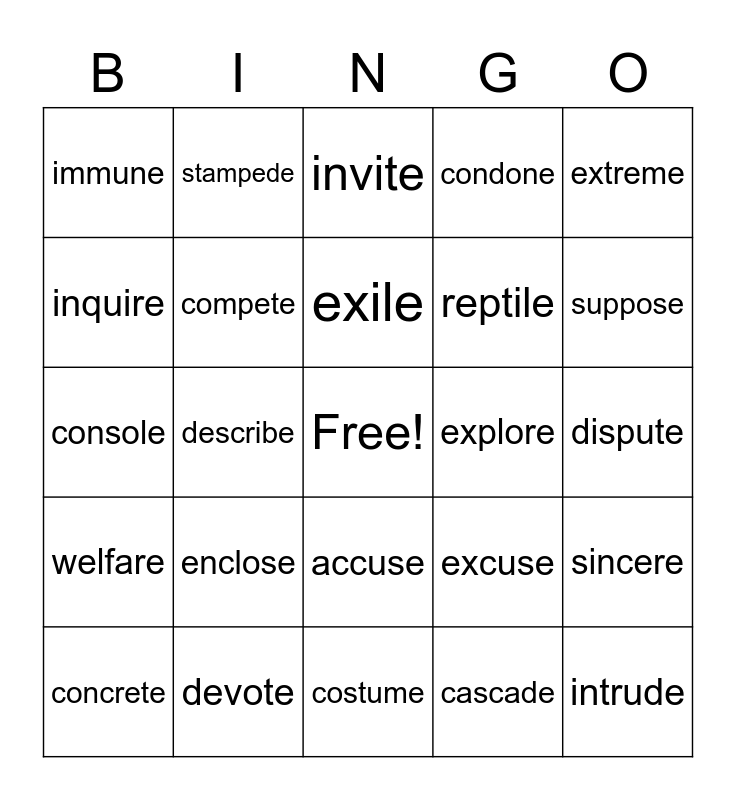 VCE WORDS Bingo Card VCE WORDS Bingo Card
