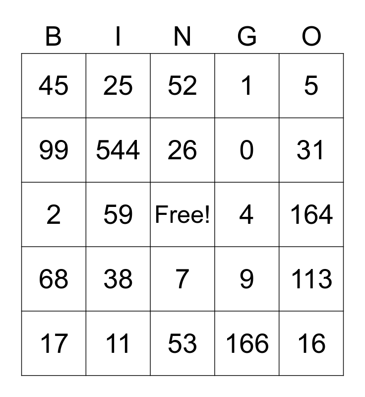 Order of Operations Bingo Card