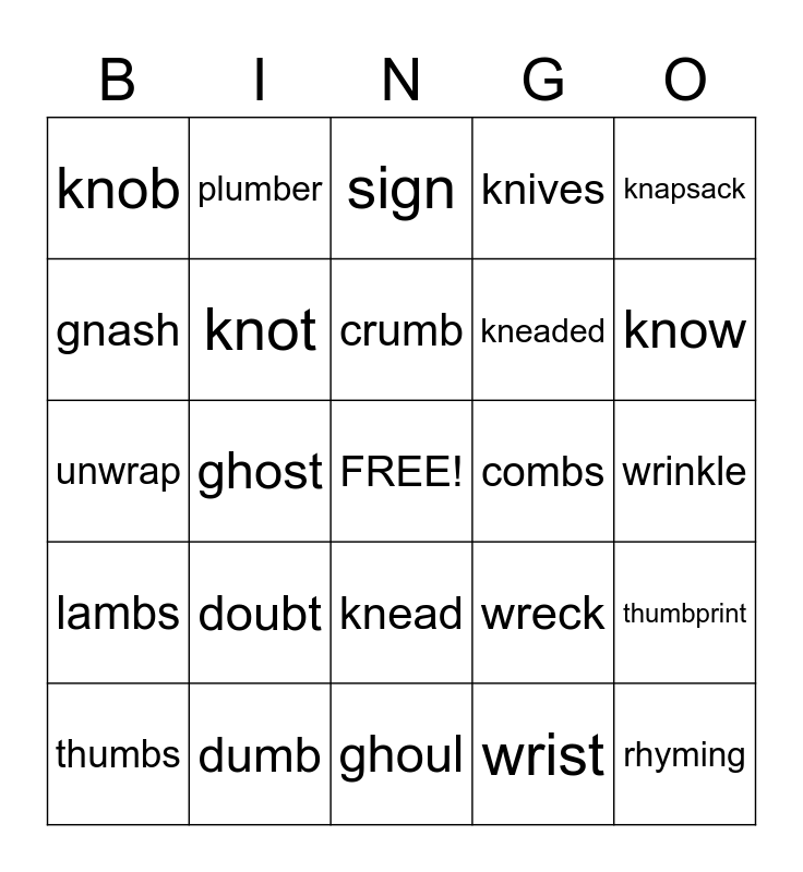 SILENT LETTERS: kn, gn, wr, mb, bt, gh, l Bingo Card