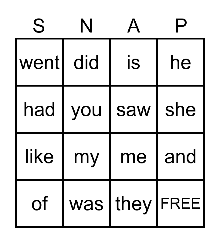 Snap Words Bingo Card