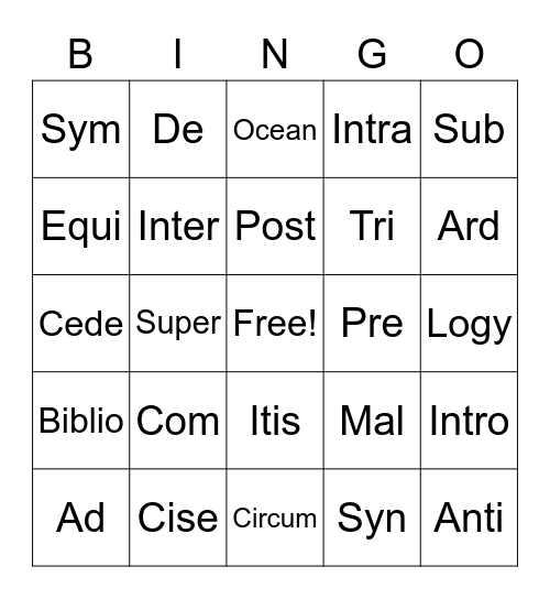 Word within Word Bingo Card