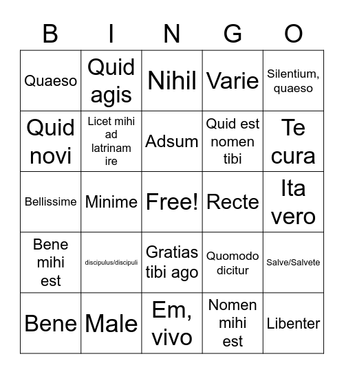 Latin Greetings Classroom Latin Bingo Card Latin Greetings Classroom Latin Bingo Card