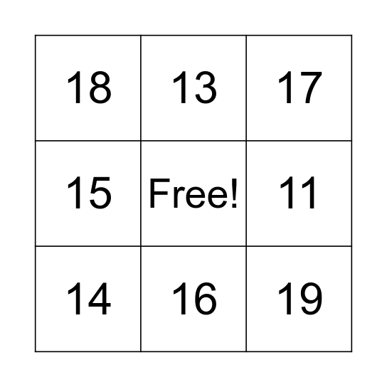 Teen Number Bingo Card