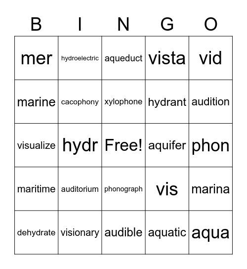 Greek and Latin Roots Unit 1/2 Bingo Card