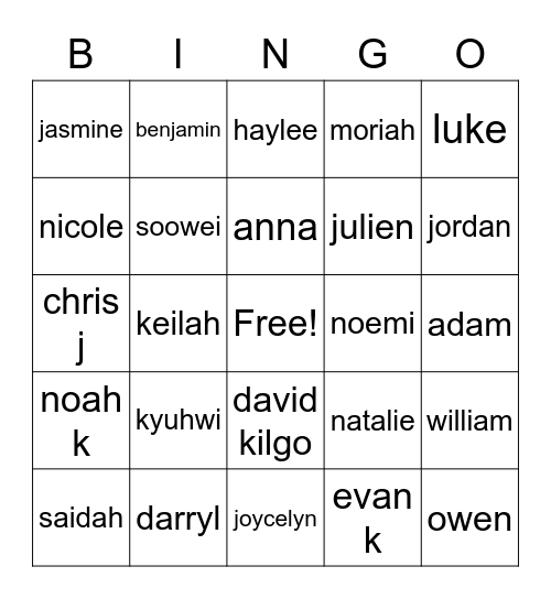 Natalie Bingo Card