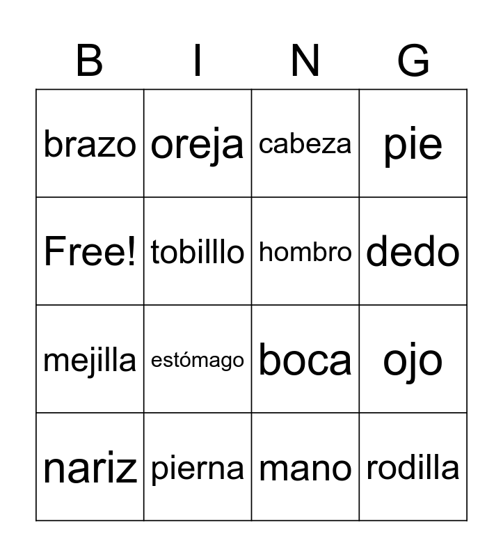 Body (El cuerpo) Bingo Card