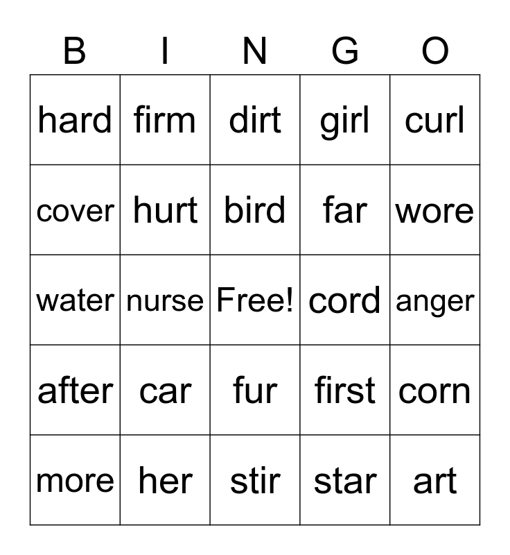 R-Controlled BINGO Card