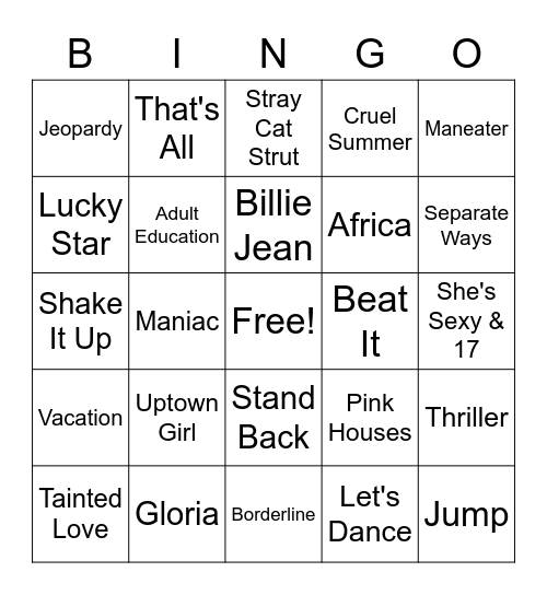 Early 80's Bingo Card