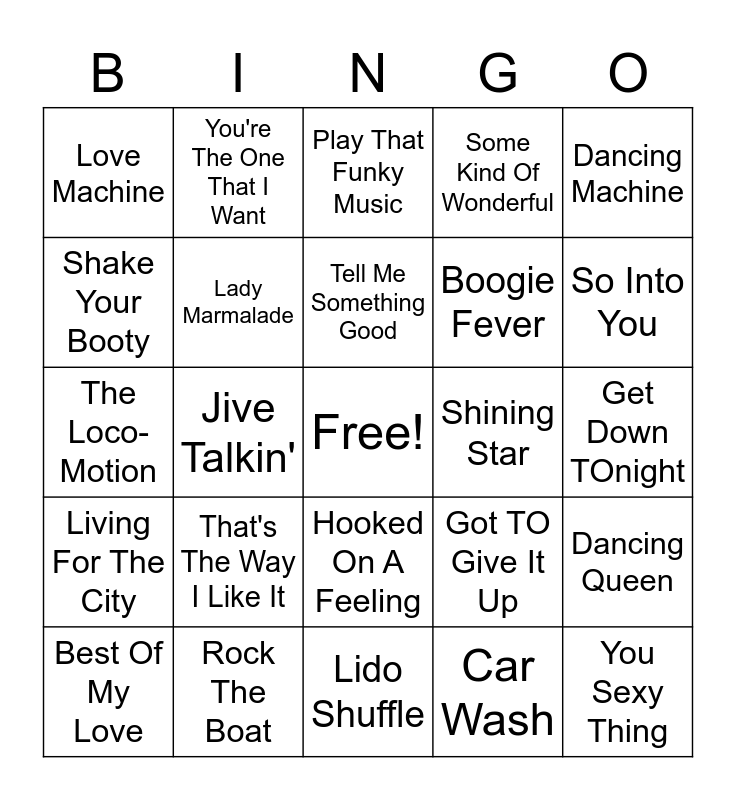 70s Cover All Bingo Card