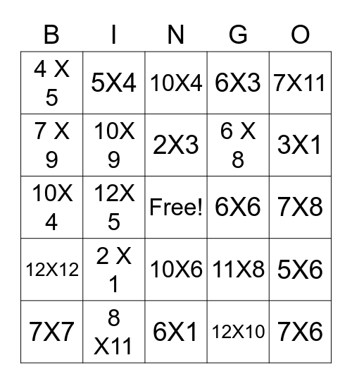 Multiplication Bingo Card