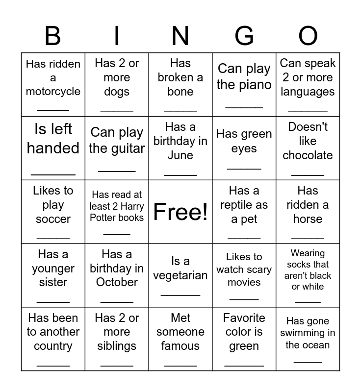 Human Scavenger Hunt Bingo Card