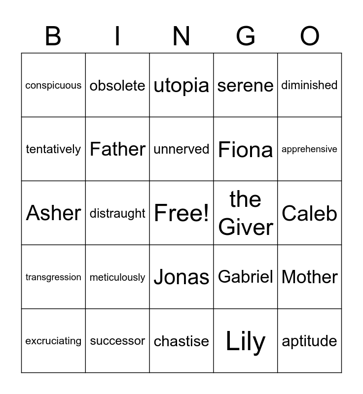 The Giver ch 6-12 Bingo Card