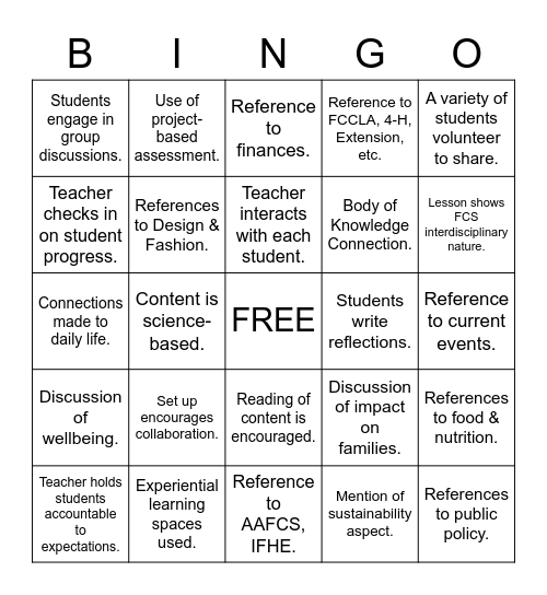 FCS Classroom Observation BINGO Card