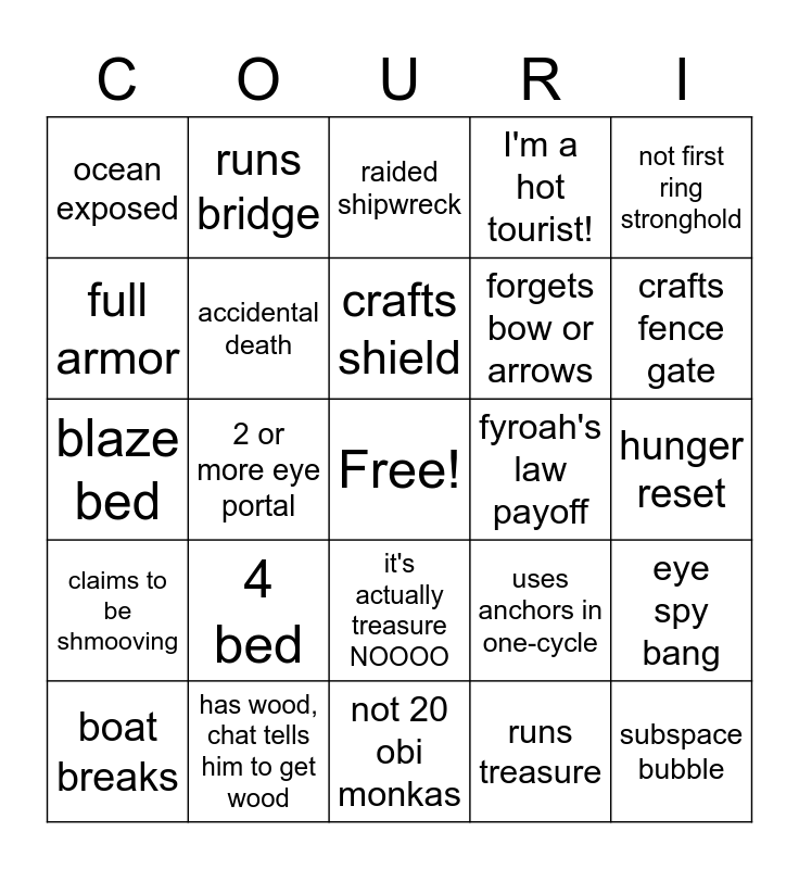 Couriway 1000 runs Bingo Card