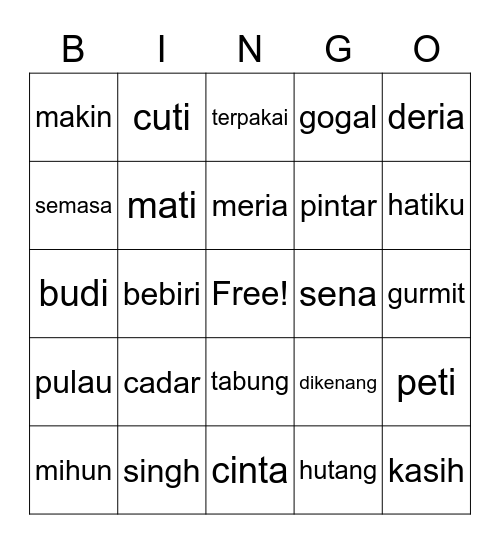 bahasa melayu Bingo Card