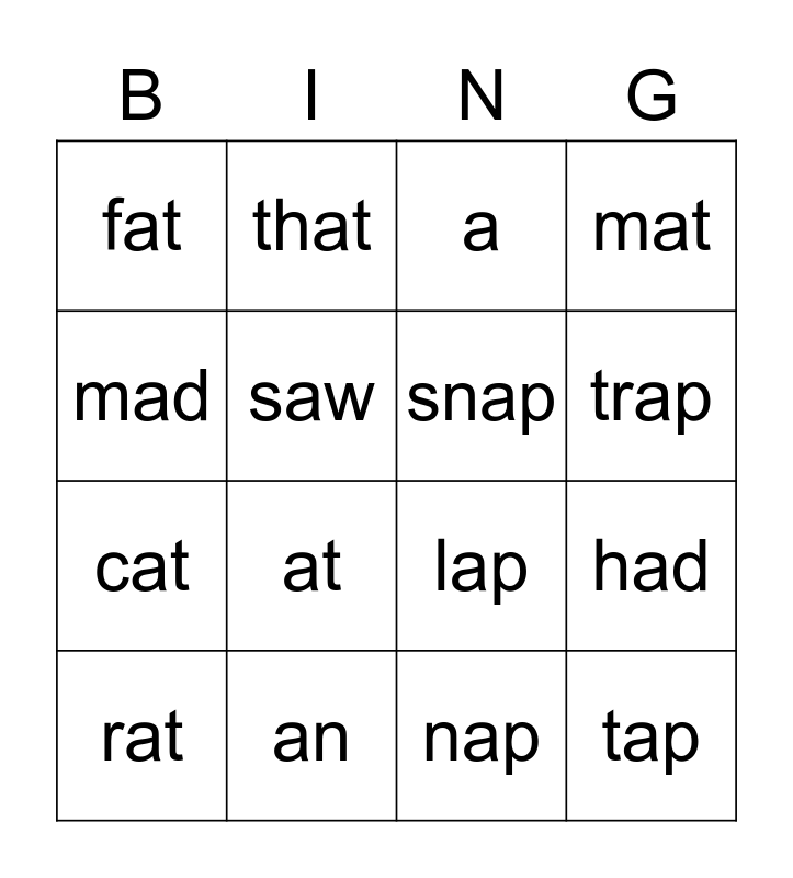 Vowel Bingo- Short A Bingo Card