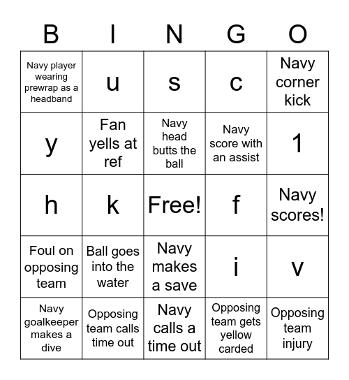 Women's Soccer Bingo Card