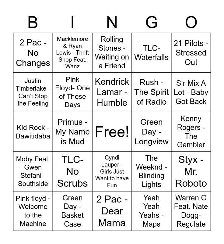 Music Video Bingo Round 1 Bingo Card