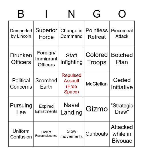 Union Army Bingo Card
