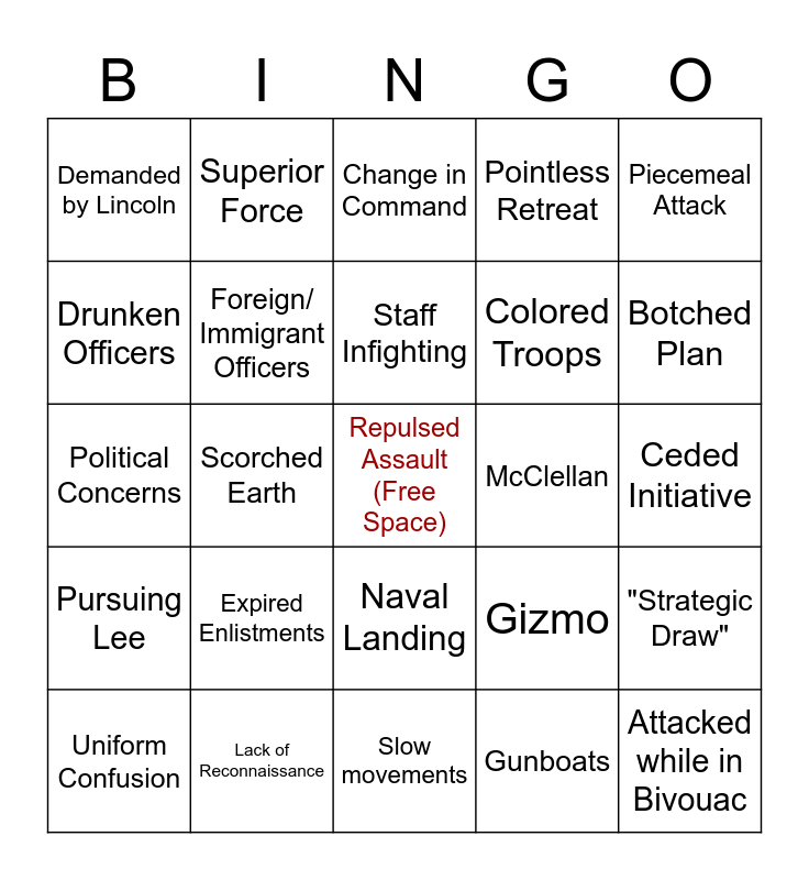 Union Army Bingo Card