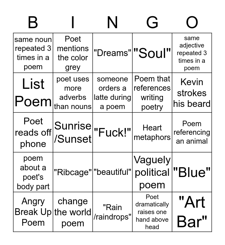 Poetry Bingo Card