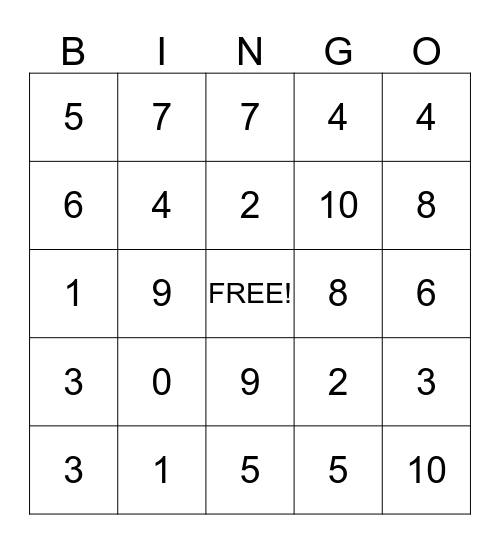 Kindergarten Addition Bingo Card