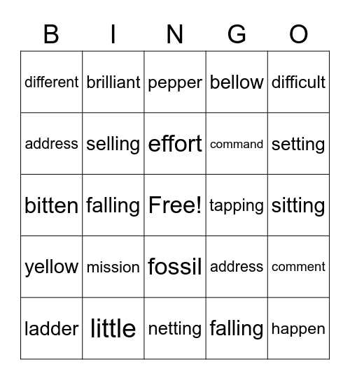 Double consonant Bingo Card