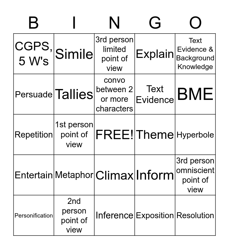 STAAR Review Game Bingo Card