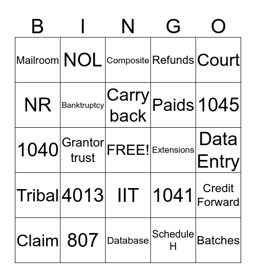 Specialty Unit Bingo Card