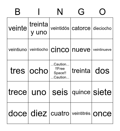 spanish number 1-31 Bingo Card