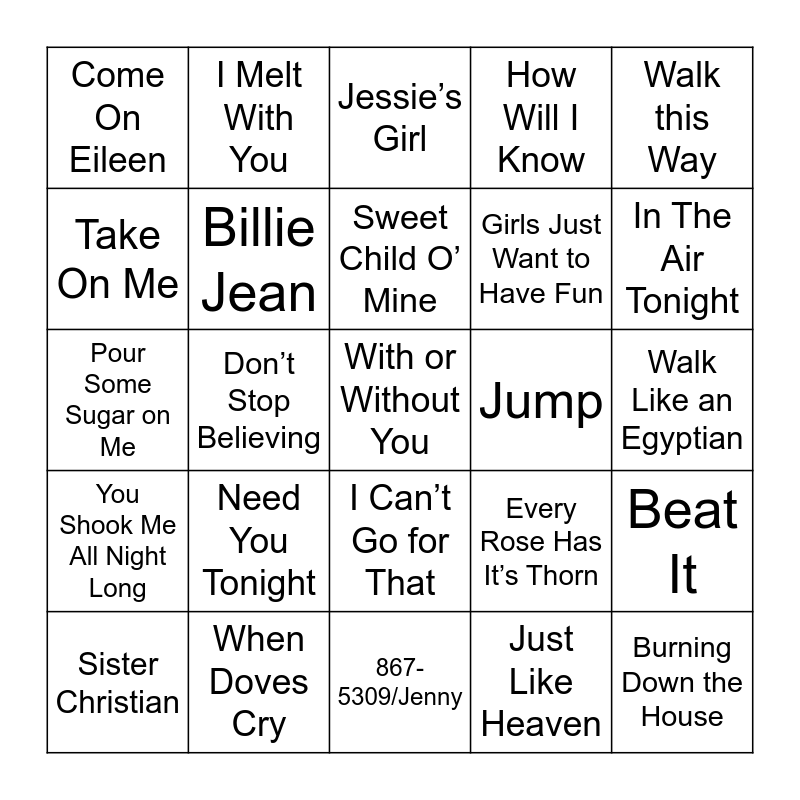 Popular 80 s Songs Bingo Card Popular 80 s Songs Bingo Card