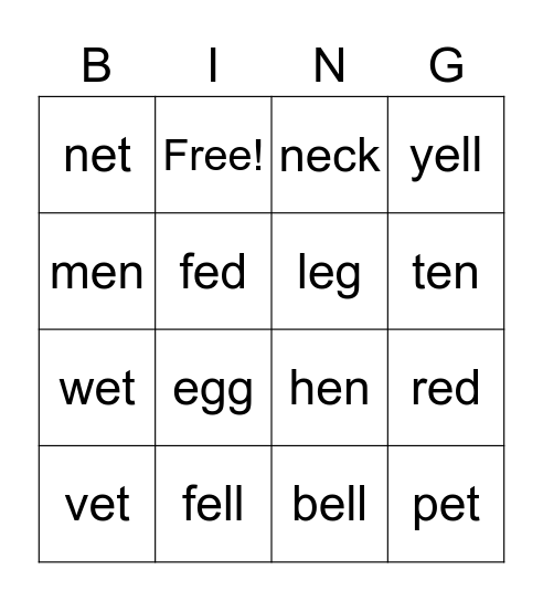 Short E Bingo Card