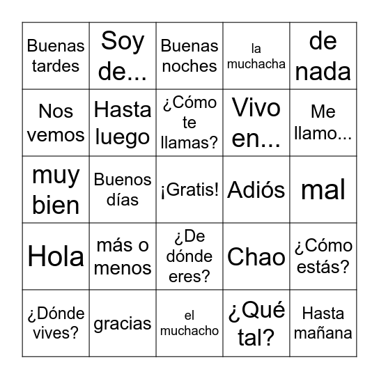Saludos (Greetings) Bingo Card