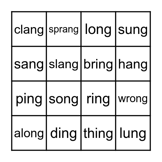 -ing -ang -ung -ong BINGO Card