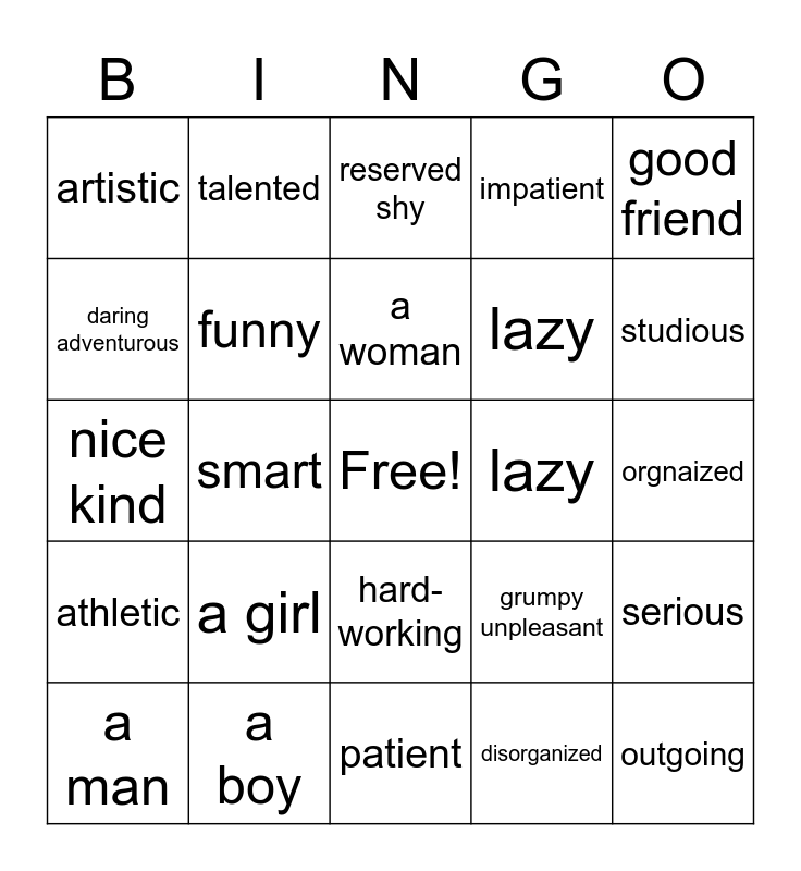Personality Bingo Card