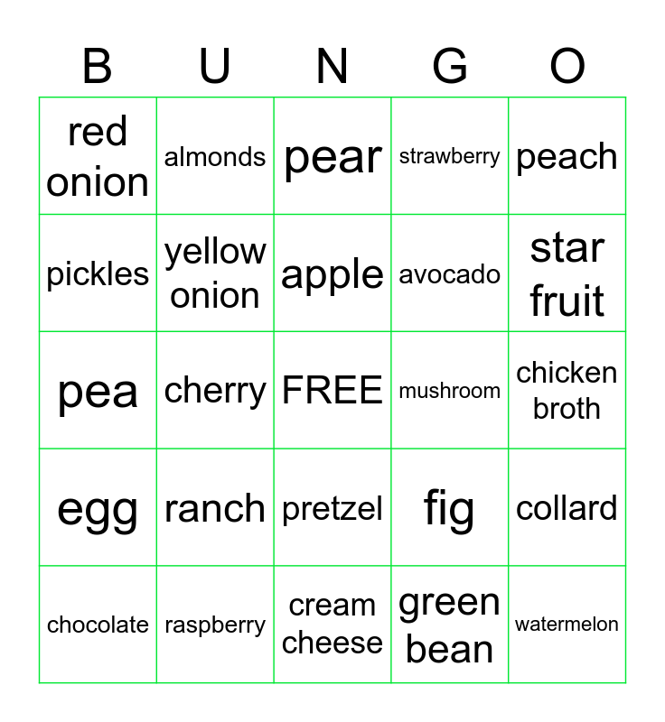 ingredients Bingo Card