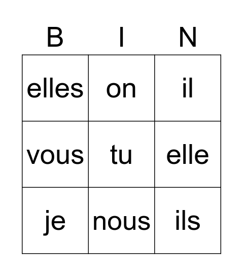 Subject Pronoun Bingo Card