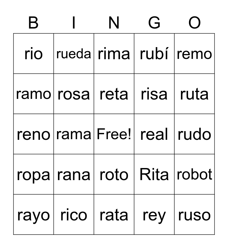 silabas con Rr Bingo Card
