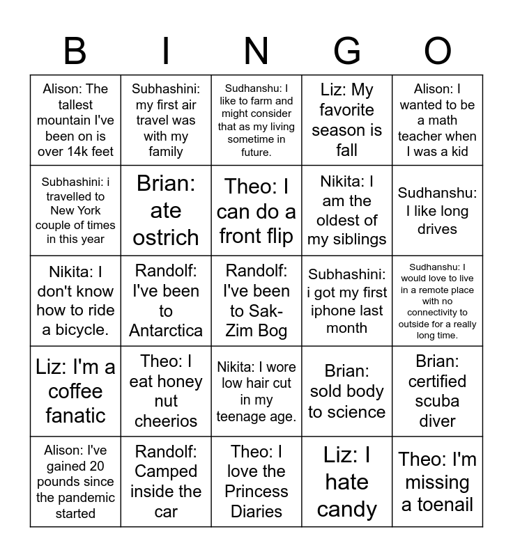 X truths X lies Bingo Card