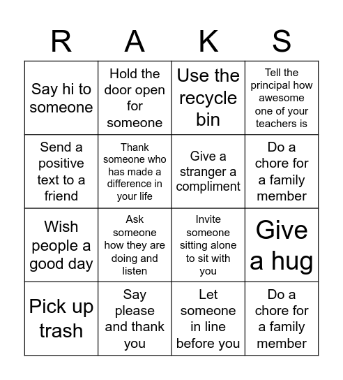 Random Acts of Kindness BINGO Card