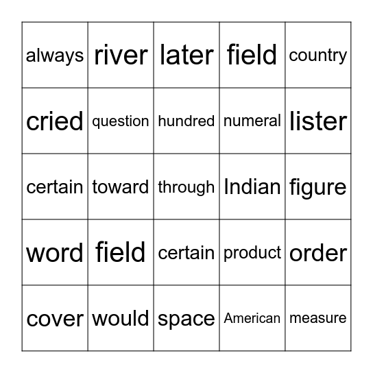 Sight Word Bingo Card