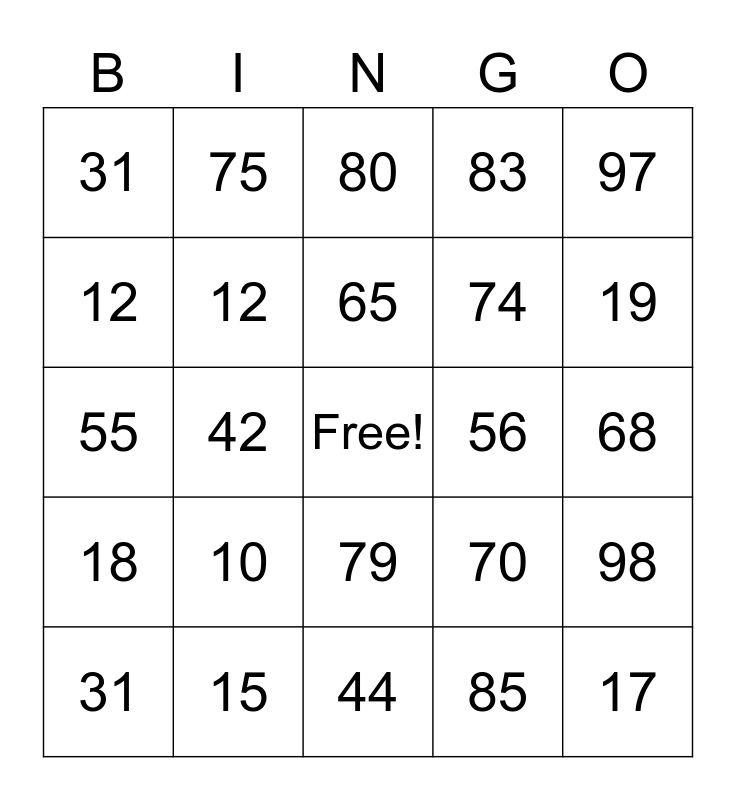 Numbers Bingo Card
