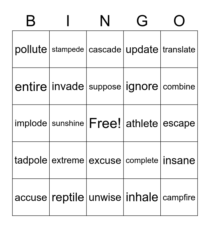 vowel consonant e two syllable Bingo Card