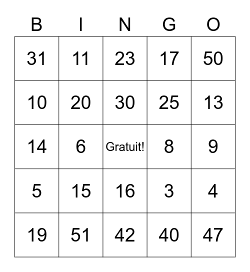 Numbers 0-60 Bingo Card