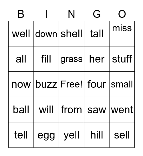 Double Final Consonant Words Bingo Card