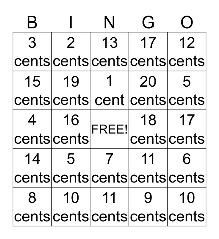 Pennies, Dimes and Nickels Bingo Card